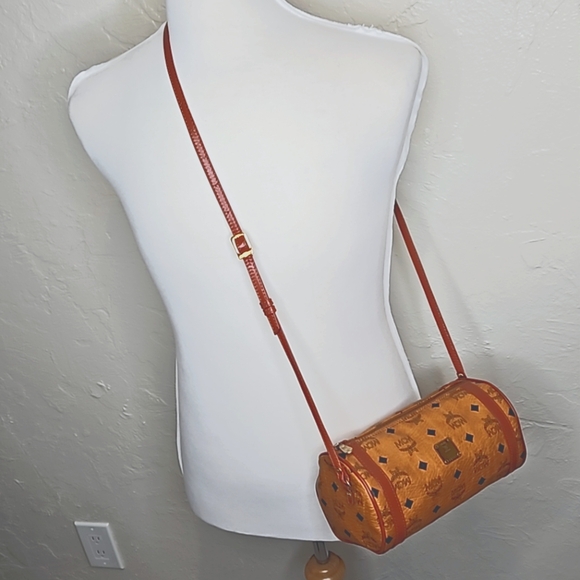 MCM | Bags | Authentic Mcm Monogram Cognac Klassik Visetos Crossbody Barrel Bag Mint | Poshmark